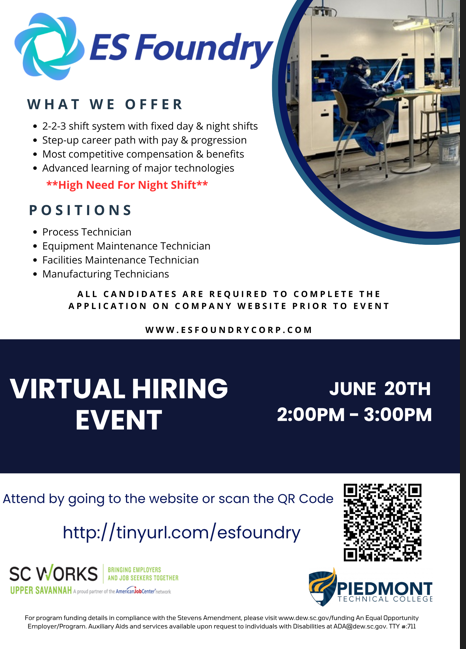 ES Foundry Corp Virtual Hiring Event (Upper Savannah) | SC Works